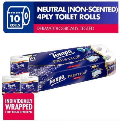 TEMPO Prestige Neutral 4-Ply Non-Scented Toilet Roll 10s | Cotton ...