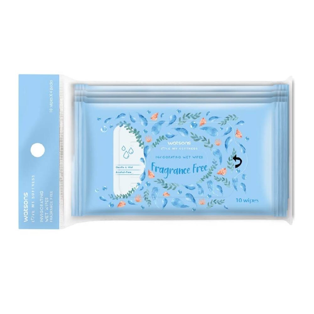 WATSONS Fragrance Free Invigorating Wet Wipes Alcohol Free Gentle Mild 10s x 4 pack Cotton Paper Watsons Singapore