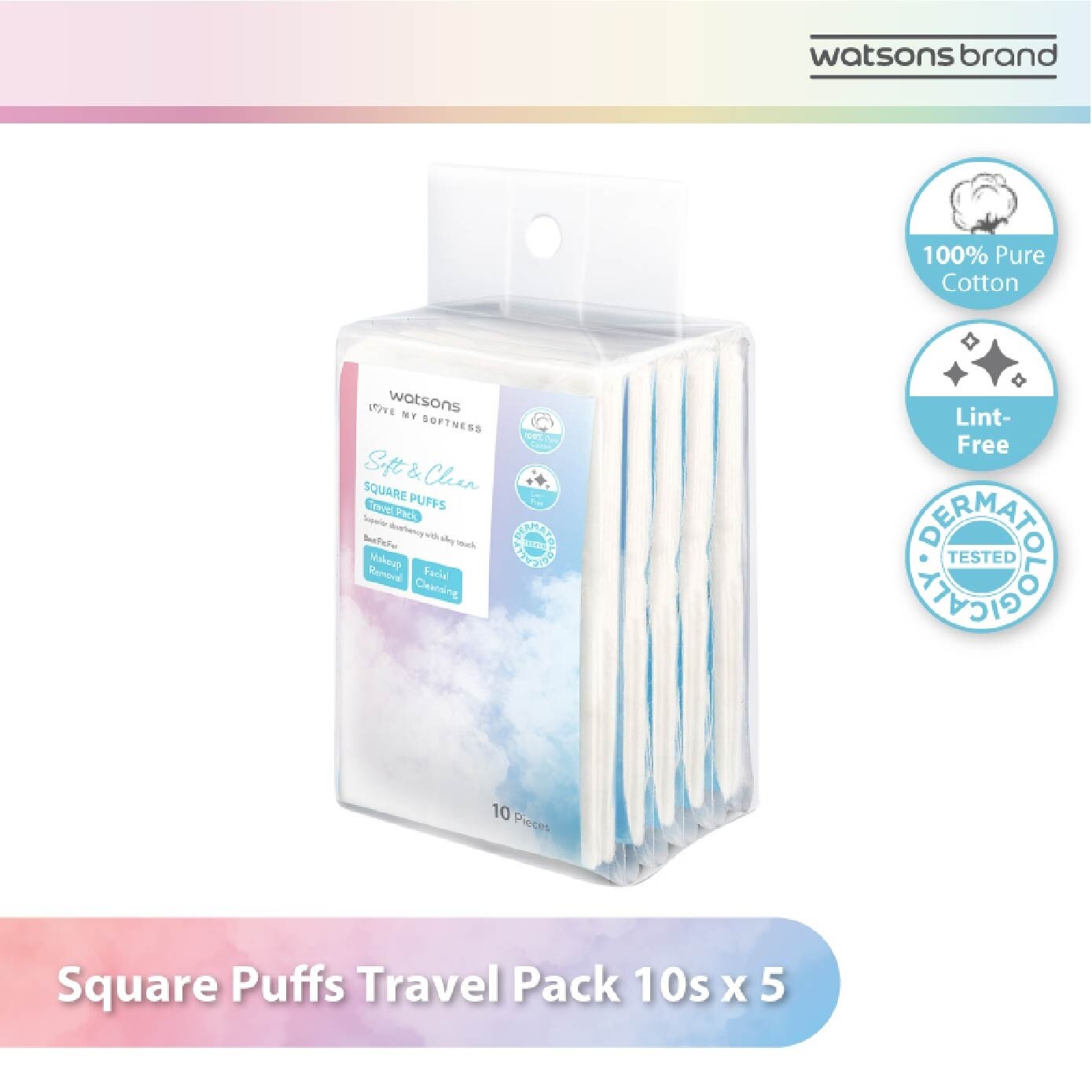 WATSONS Square Puffs Travel Pack 100 Pure Cotton 10s x 5s Personal Care Watsons Singapore